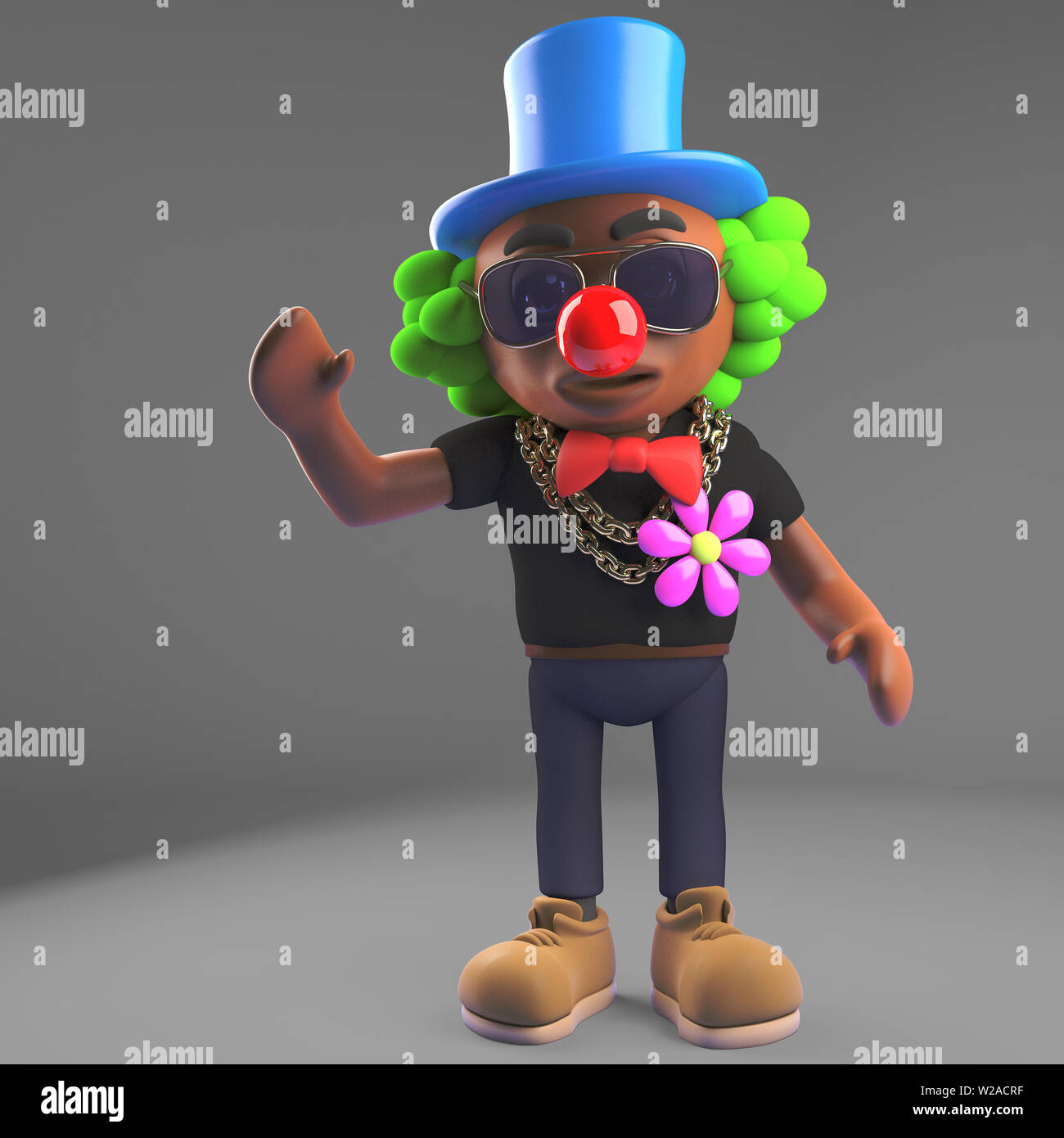 Cartoon black hip hop rapper dressed as a clown with red nose, 3d ...