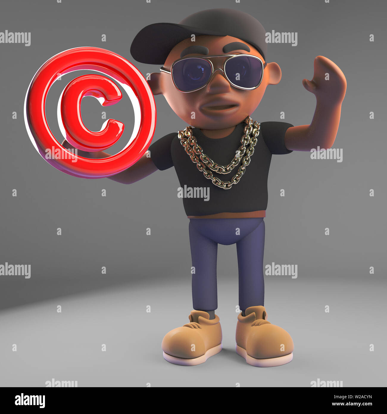 Cartoon black hiphop rapper holding a copyright symbol, 3d illustration ...