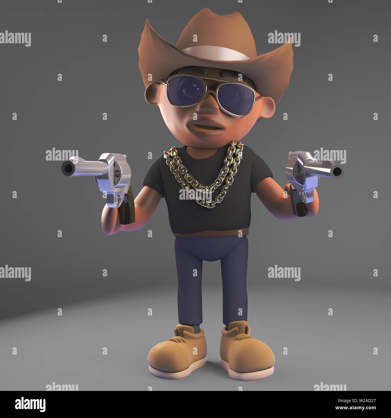 Wild west black hiphop rapper wears a cowboy stetson hat and guns, 3d ...