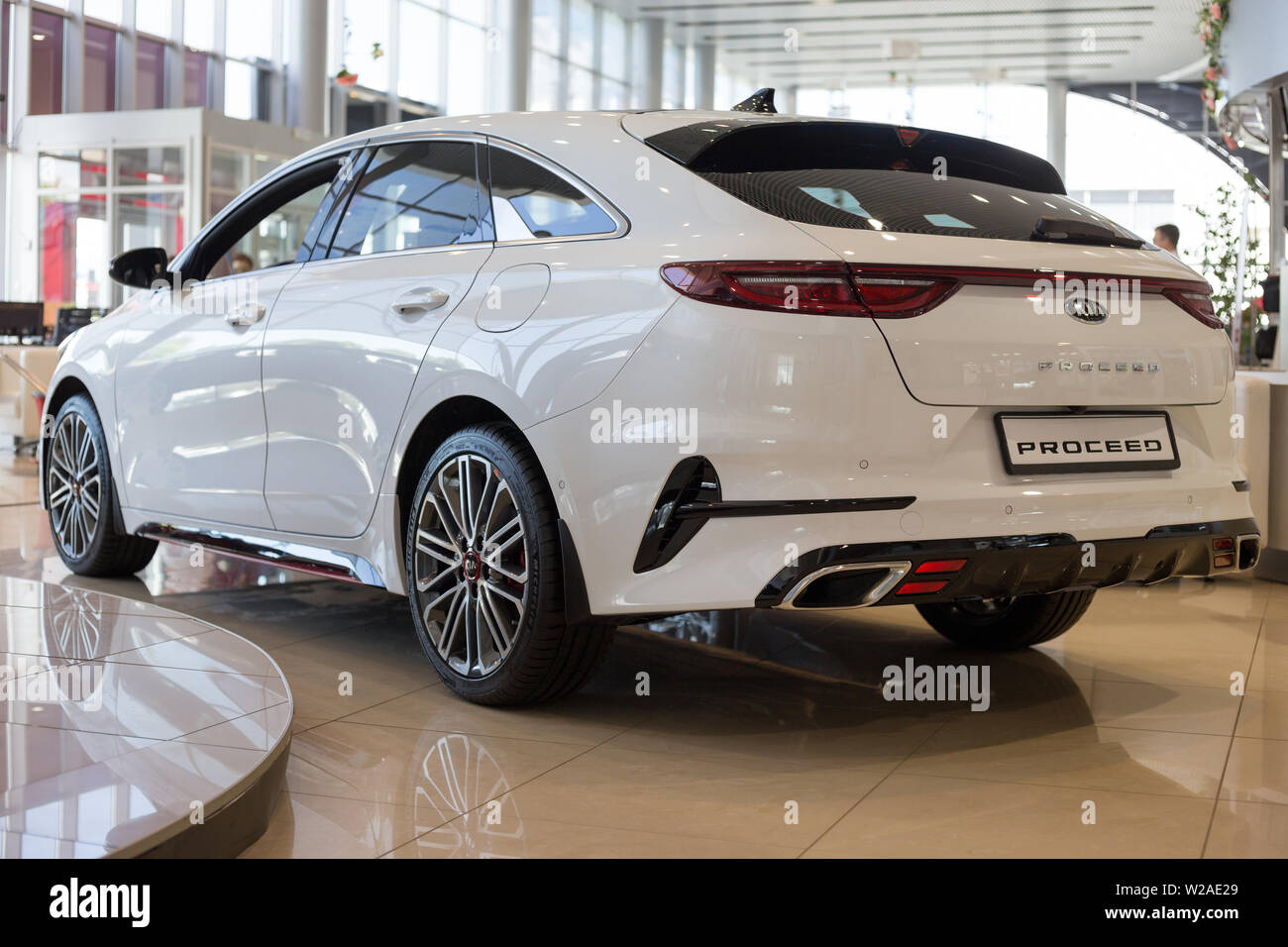 Russia, Izhevsk - July 4, 2019: New cars in the KIA showroom. Modern ...