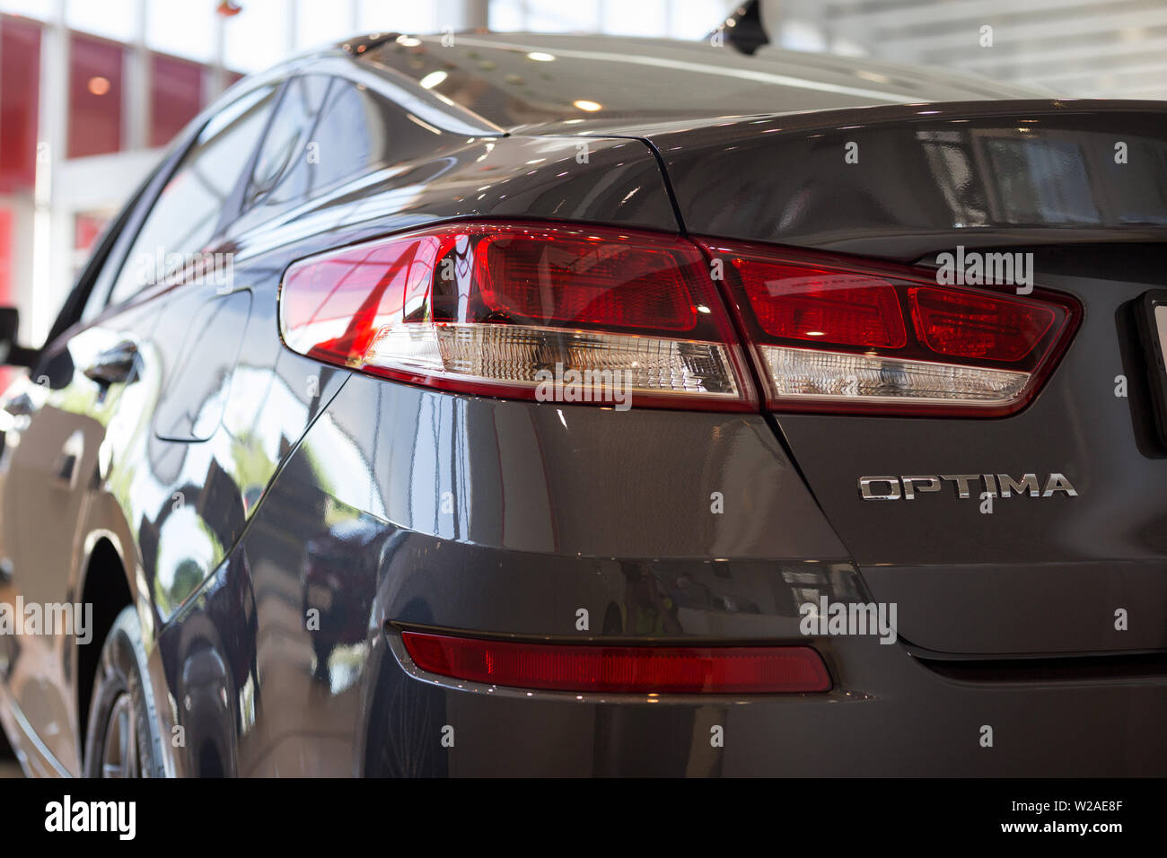 Russia, Izhevsk - July 4, 2019: Showroom KIA. New Optima. Back view. Modern and prestigious ...