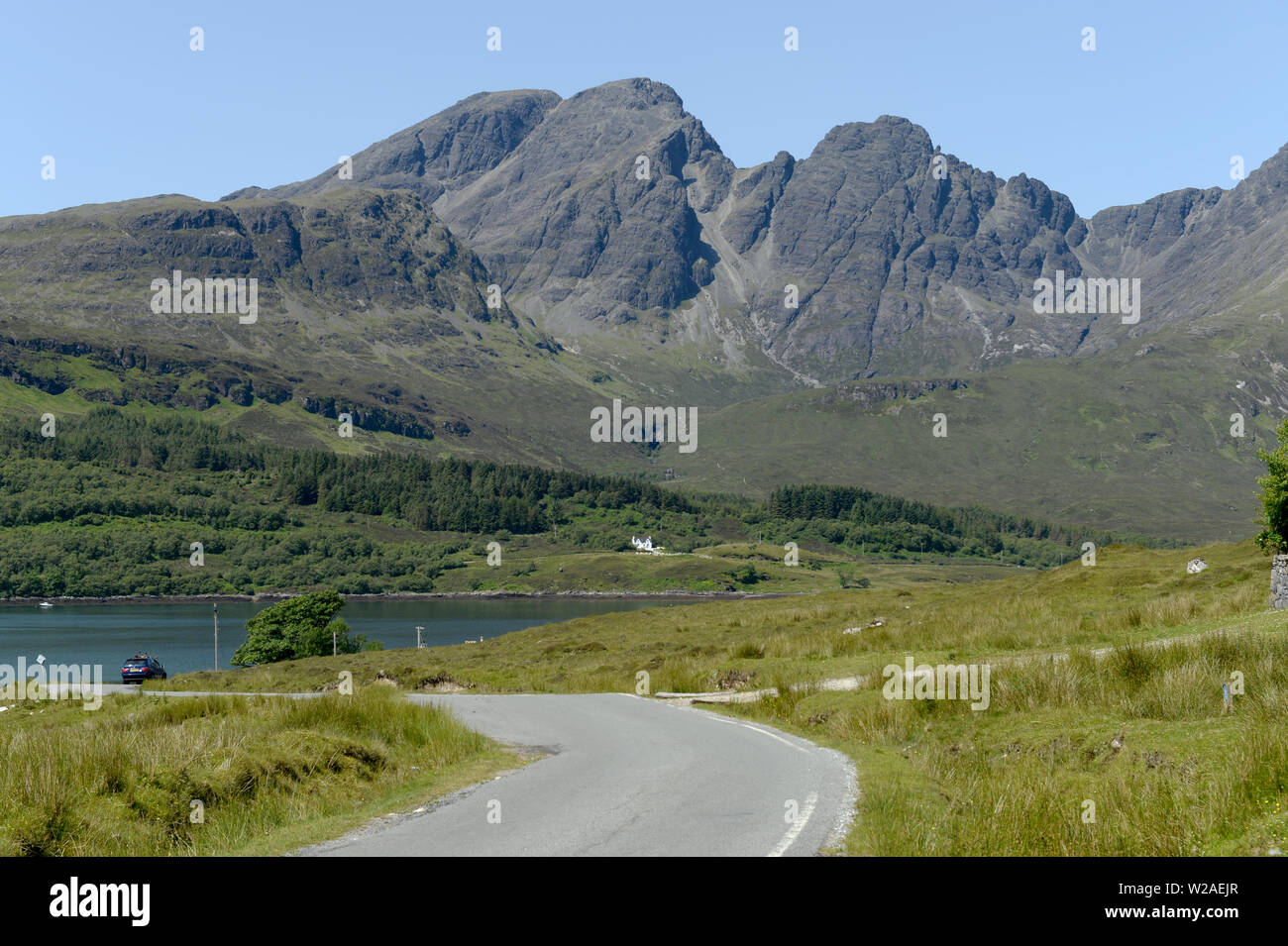 Bla Blaven mountain with its jagged outline on route to Elgol on Skye ...