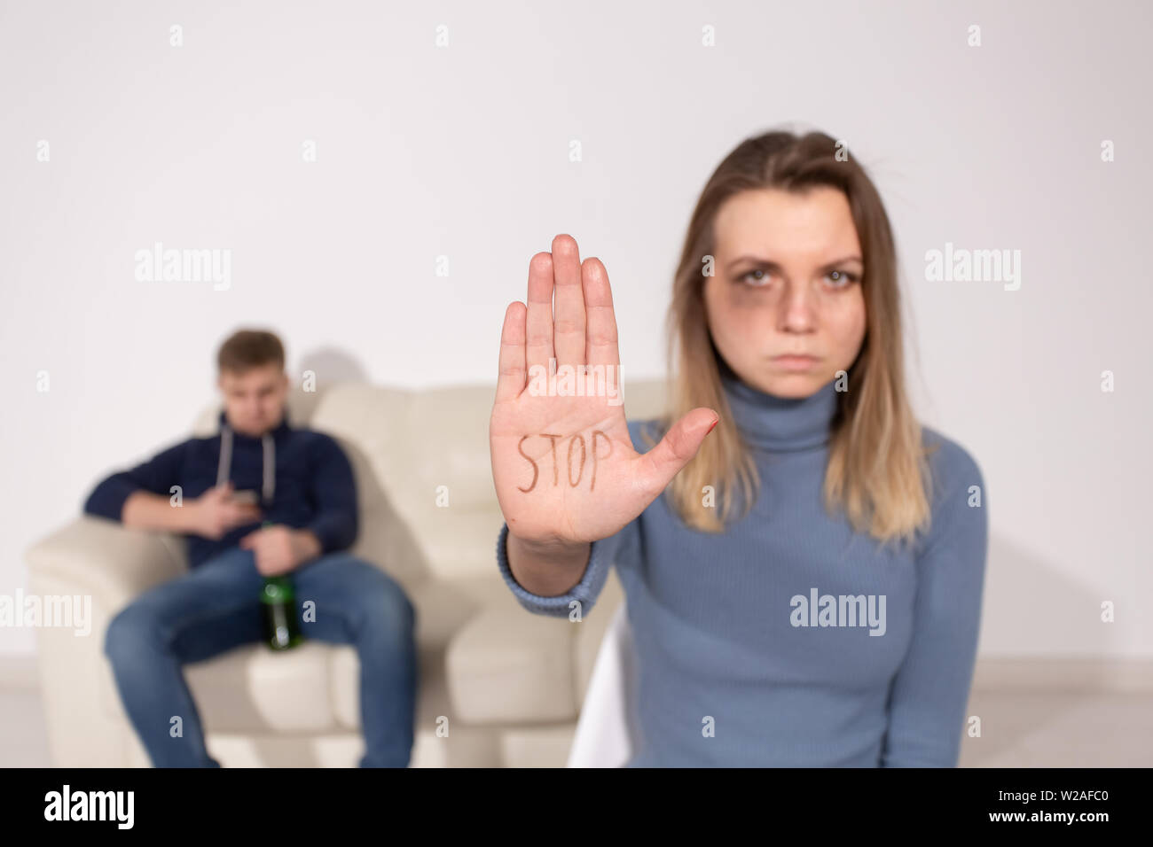 People, domestic violence and abuse concept - Woman shows stop abusing ...