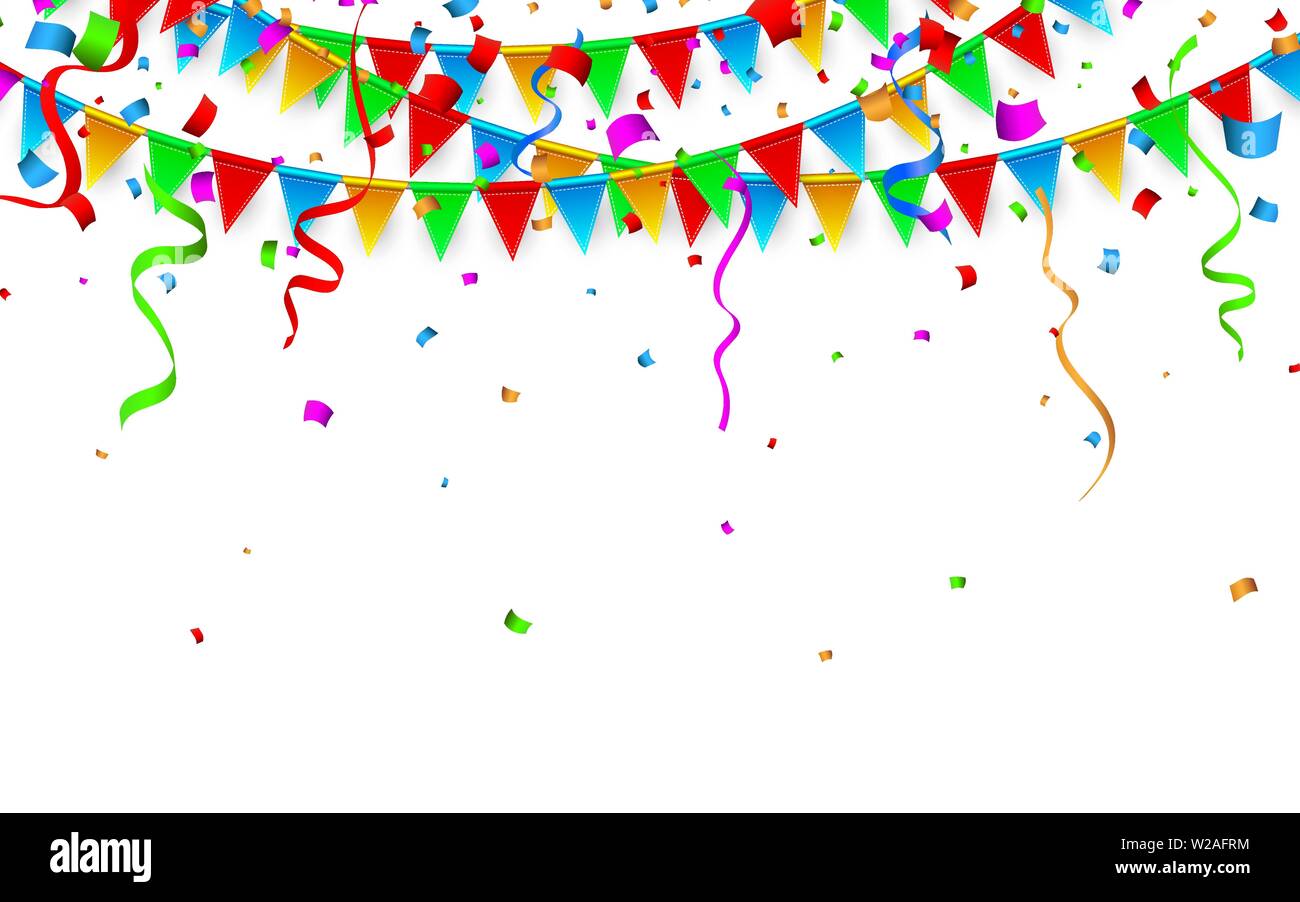 Colorful confetti. Celebration carnival. Party background with flags ...