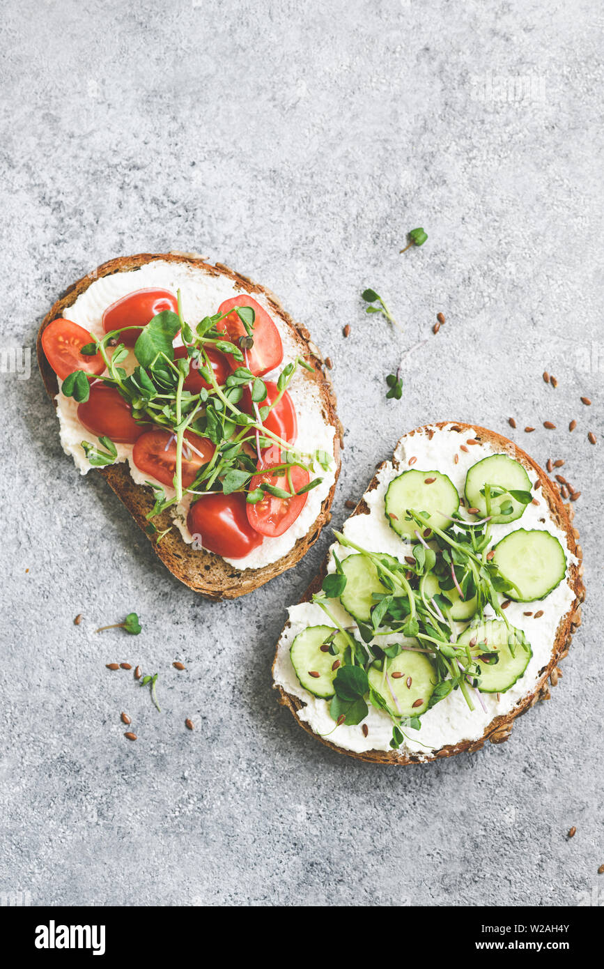Healthy vegetarian toast with white cheese and vegetables on concrete ...