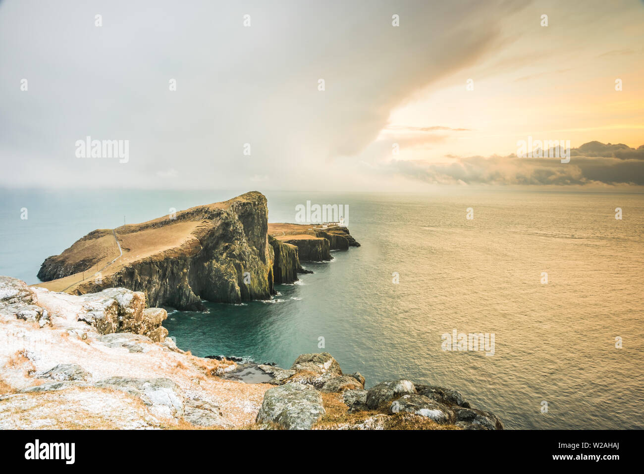 Isle of Skye winter landscape - Neist Point lighthouse and storm over ...