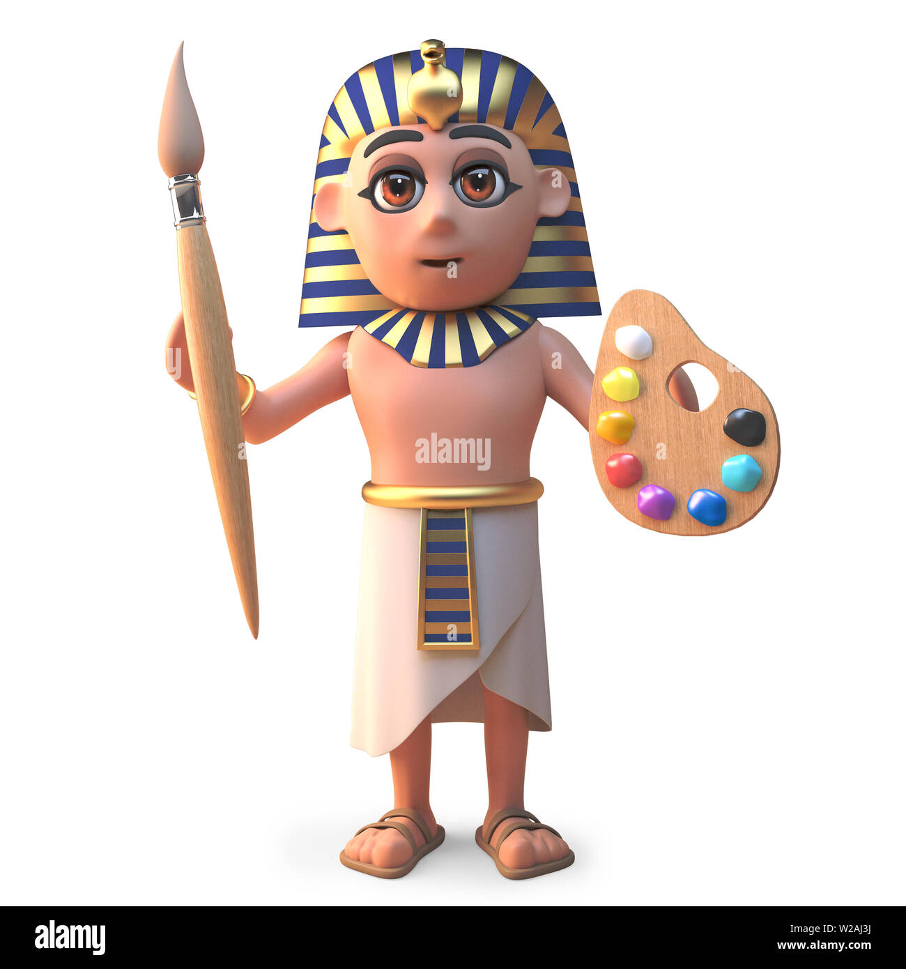 Cartoon Egyptian pharaoh Tutankhamen with paintbrush and palette, 3d ...