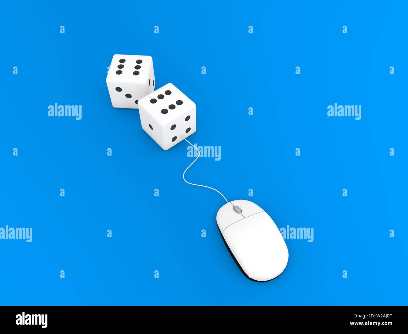 Playing cubes and computer mouse on a blue background. 3d render ...