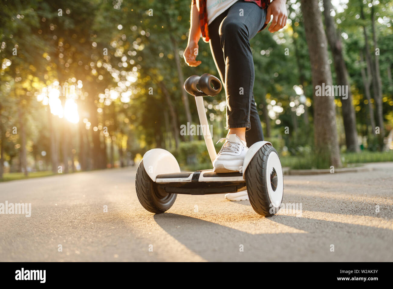 Young male person riding on gyroboard in summer park. Outdoor ...