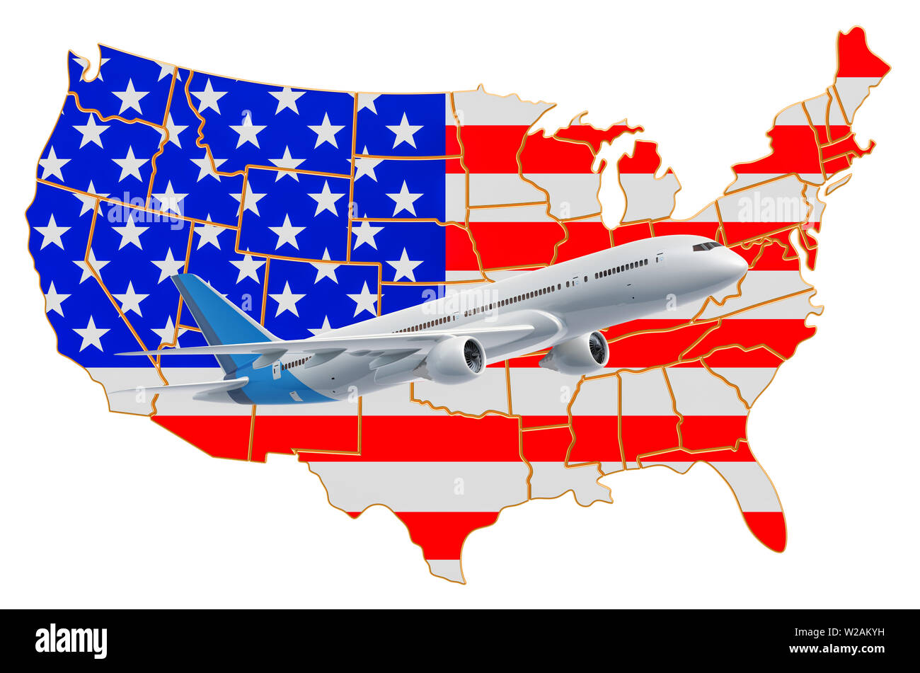 Flights to the USA, travel concept. 3D rendering isolated on white ...