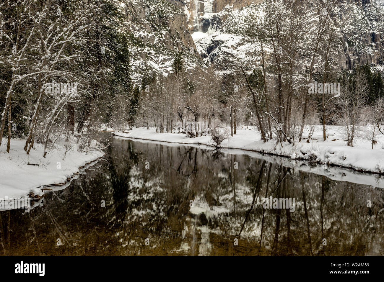 A view of Yosemite Merced River and Falls from the valley, in the ...