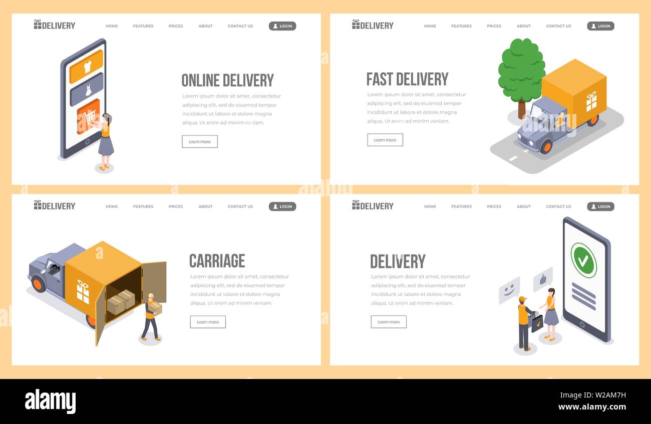 Delivery service isometric landing page vector template set. Online ...