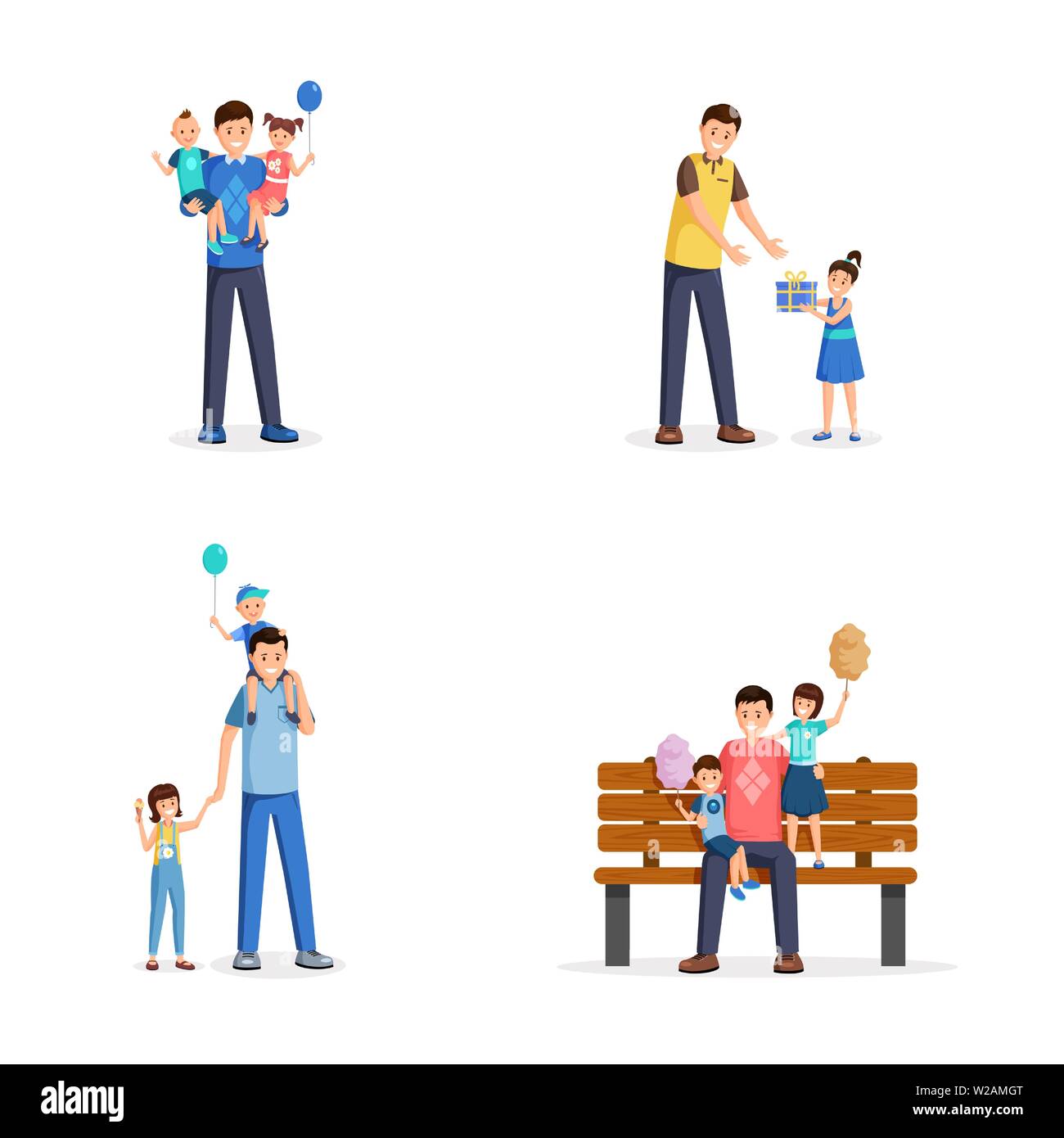 Father day flat vector illustrations set. Cheerful men, single dads ...