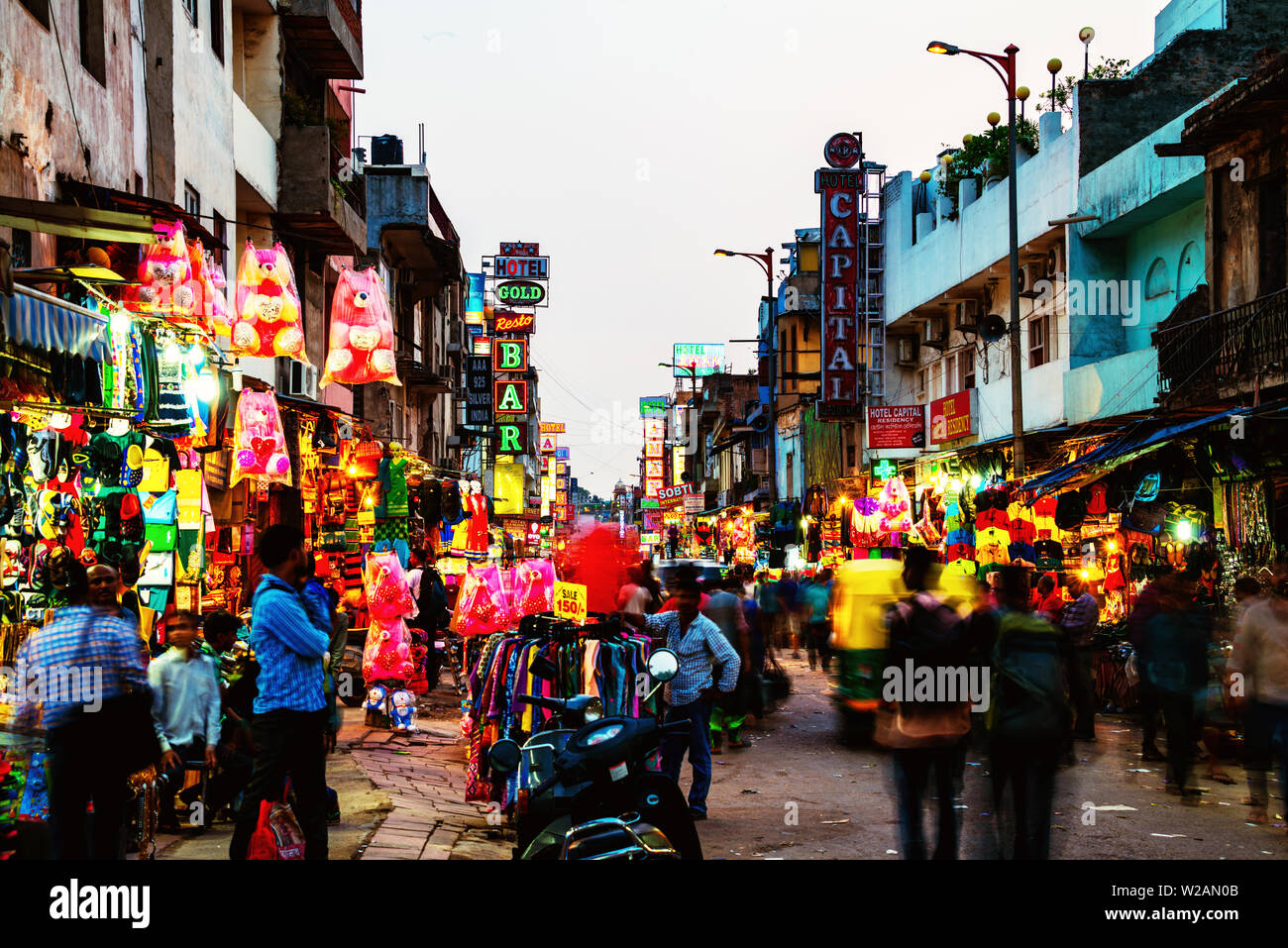 DELHI, INDIA - JULY 5, 2016: Grand market in the evening. Typical shops ...
