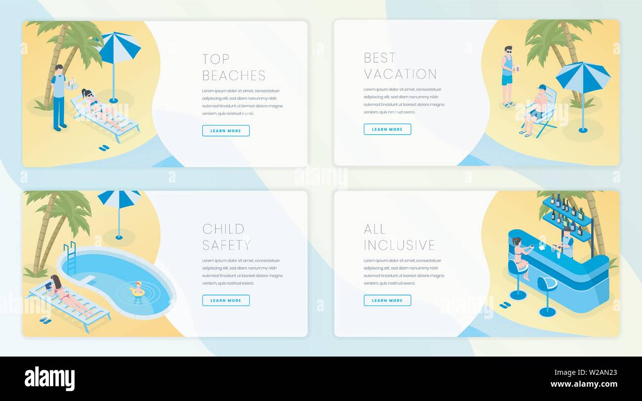 Tropical resort landing pages template set. Travel industry, summer tourism service website ...