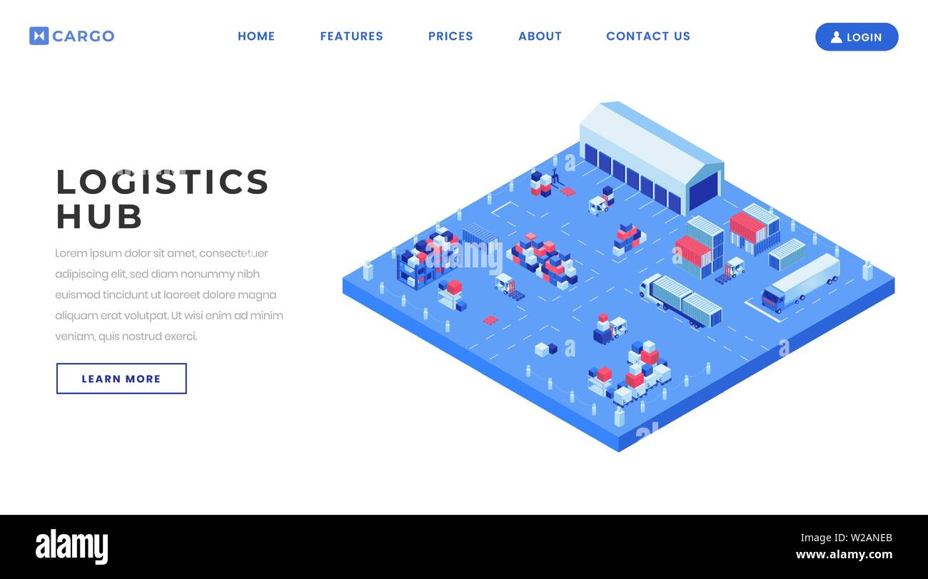 Container yard landing page vector template. Shipping logistics hub ...