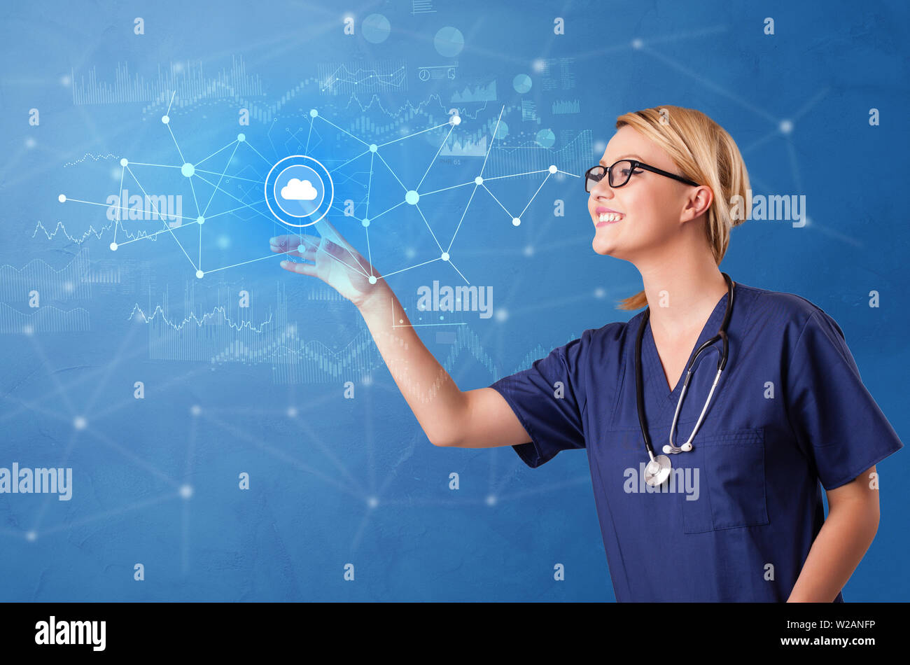 Doctor touching blue screen with virtual hospital concept Stock Photo ...