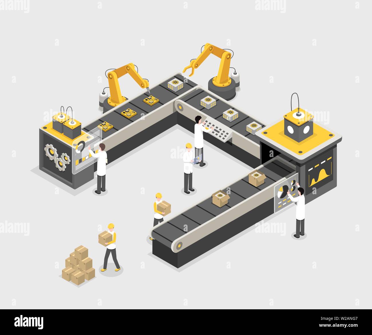 Automated, programmed assembly line with workers. Modern factory ...