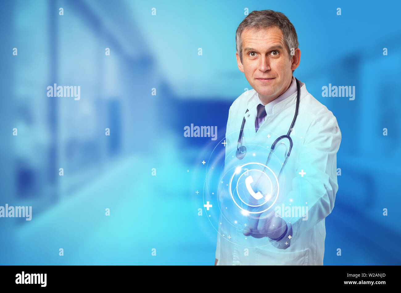 Doctor touching blue screen with call center concept Stock Photo - Alamy