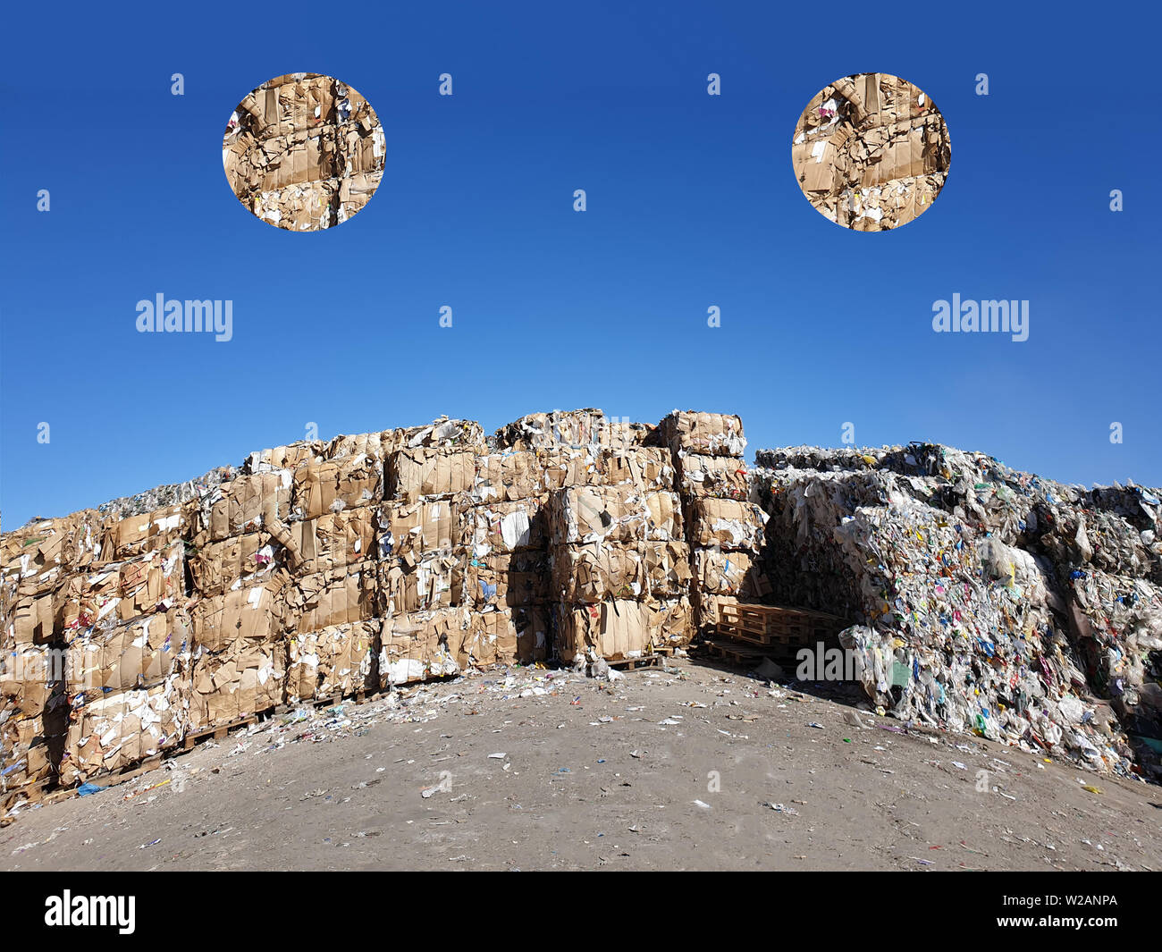 Stack of paper and cardboard garbage at recycling plan in form of sad ...