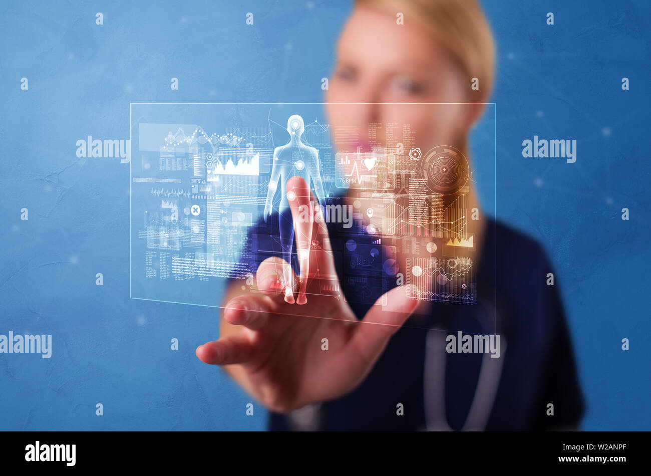 Doctor touching blue screen with full body analyze concept Stock Photo ...