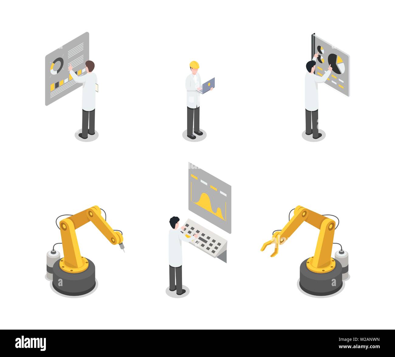 Factory workers, engineers and equipment set. Research facility ...