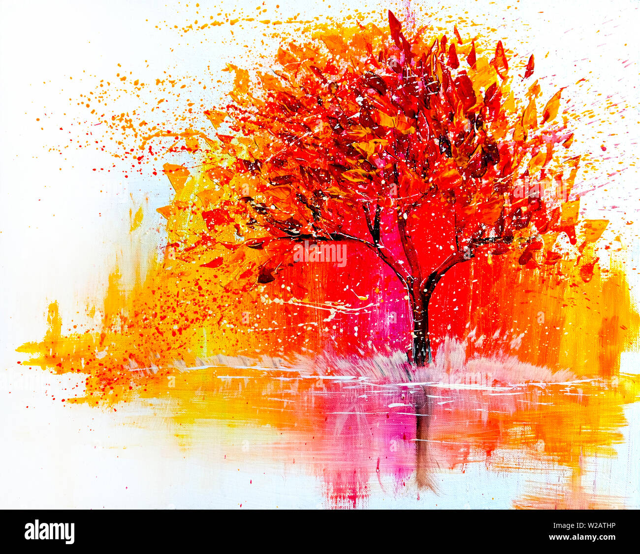 Oil acryl painting landscape, colorful yellow red tree. Hand Painted ...