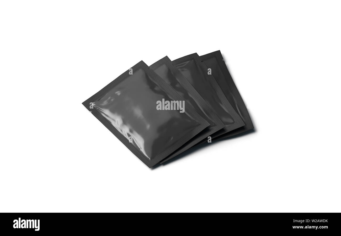 Blank black sachet packets set mockup, isolated, side view, 3d ...