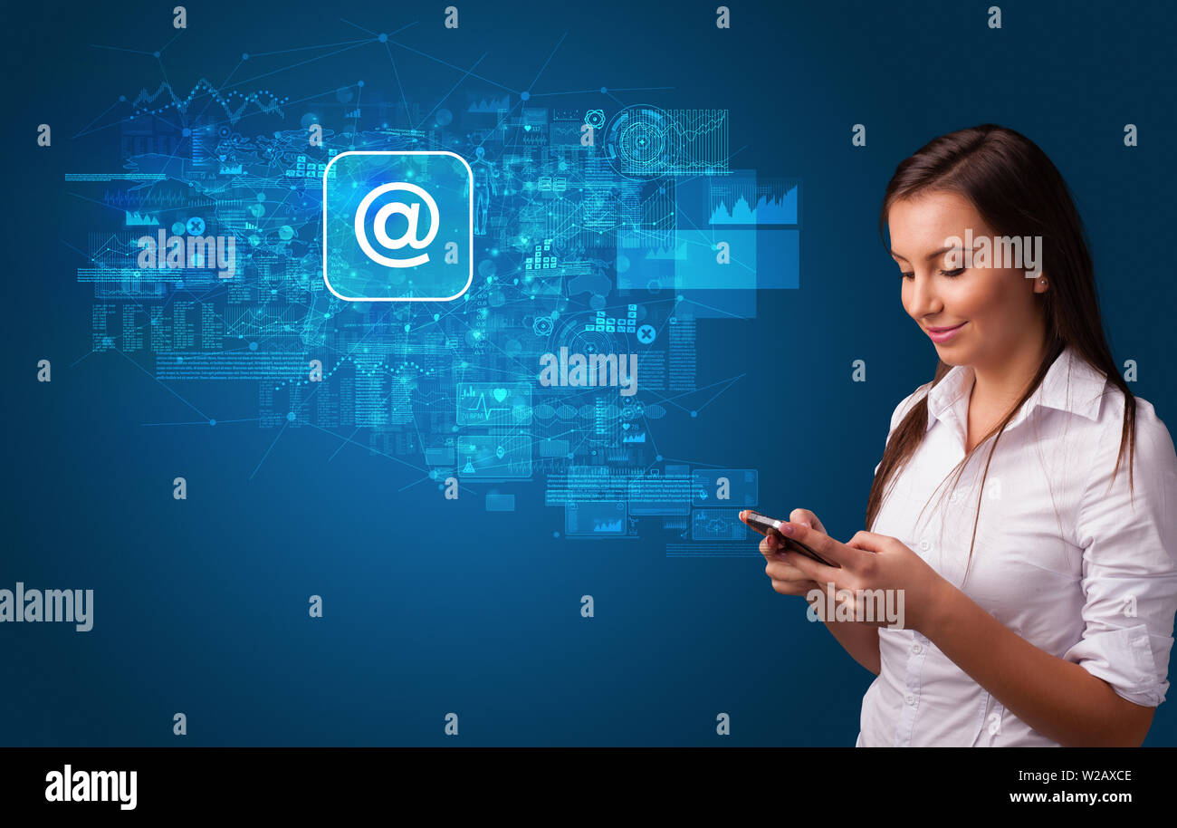Young person using phone with mail and online communication concept ...