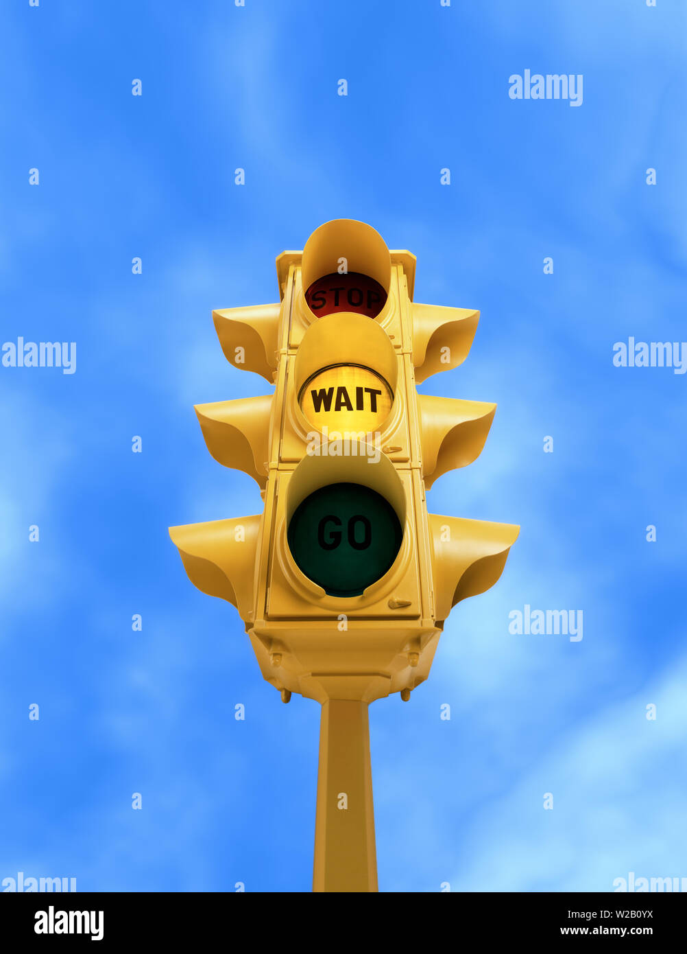 Upward view of tall vintage yellow traffic light with yellow WAIT ...