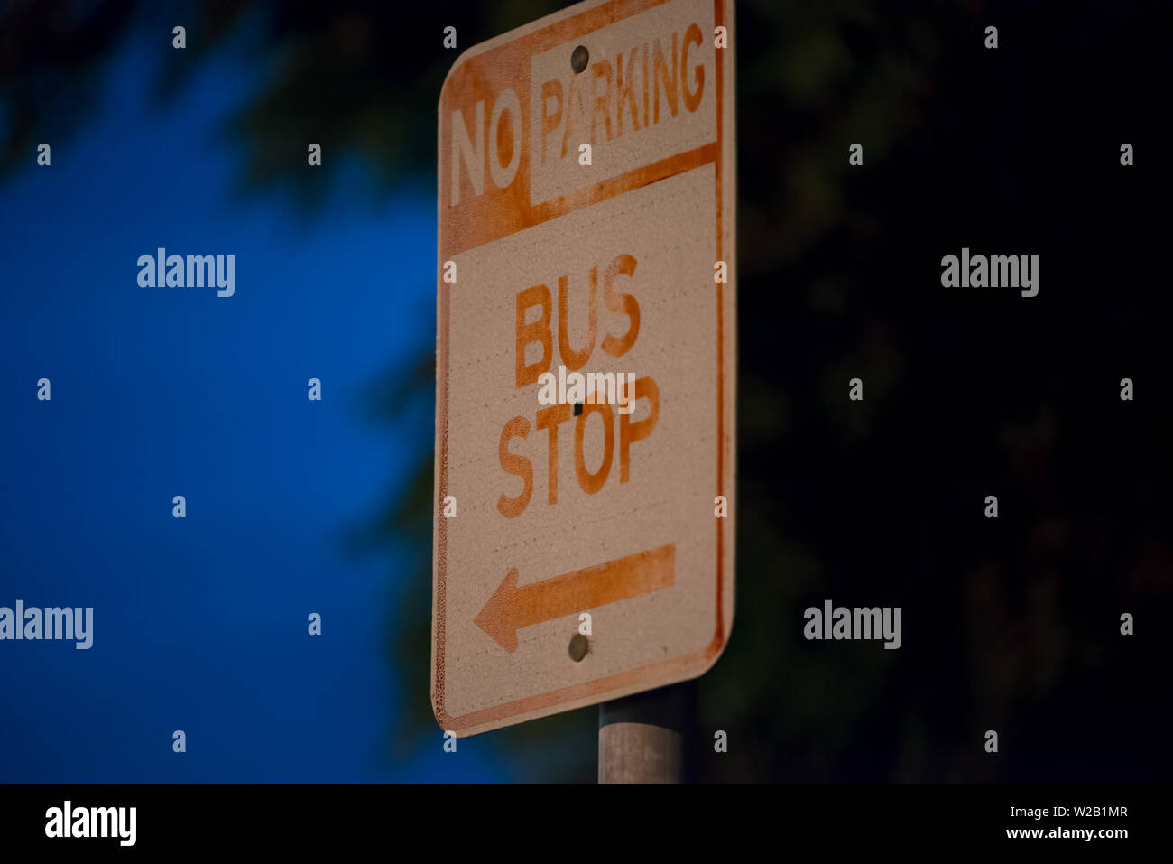 Weathered 'no parking bus stop' sign at night in Minneapolis Stock ...