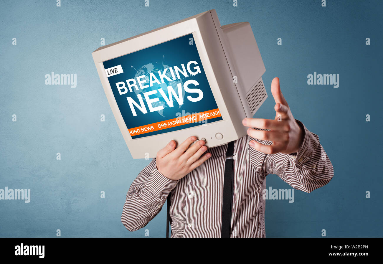 Young person with monitor head, breaking news concept Stock Photo - Alamy