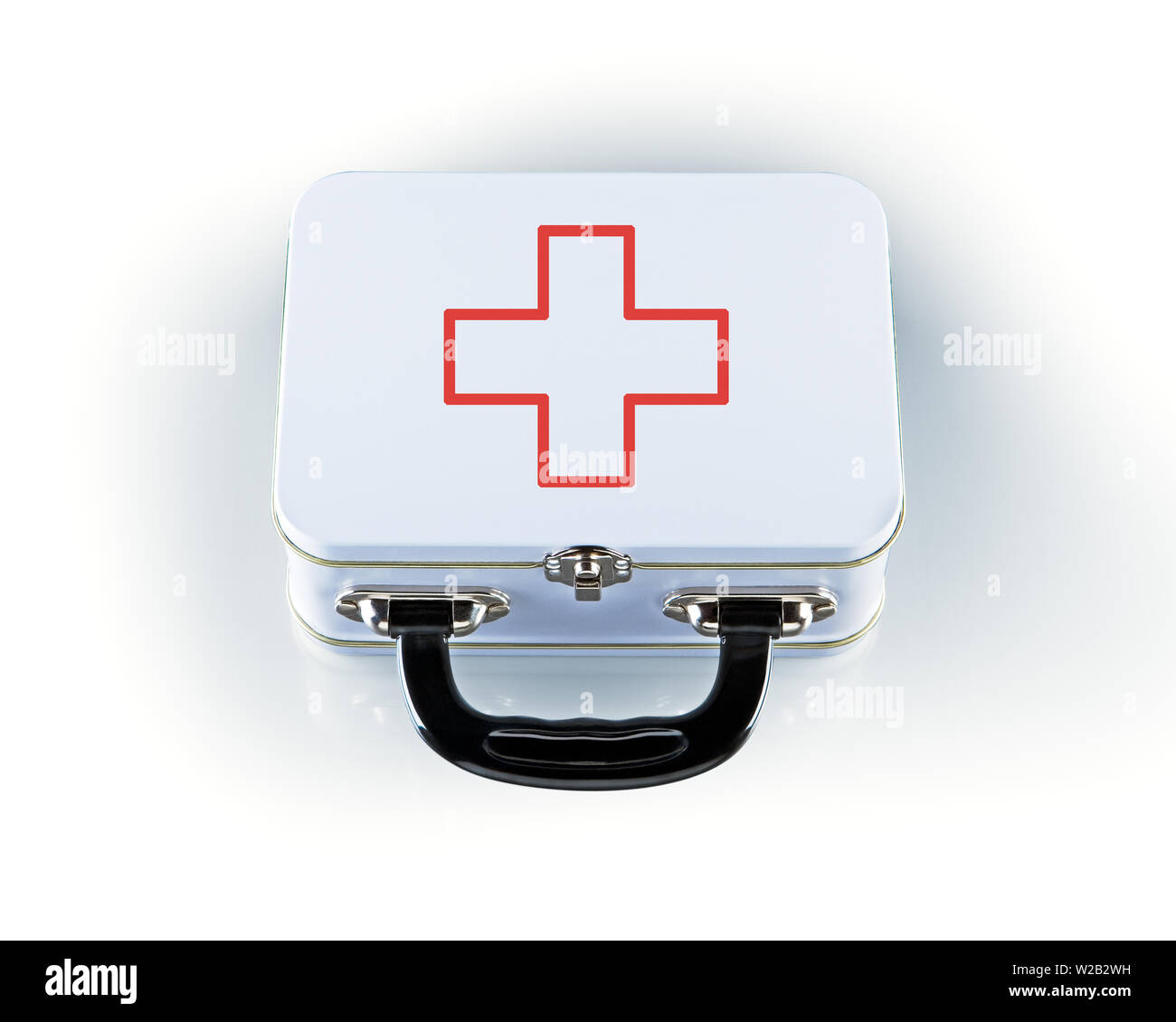 Tin first aid kit with cross emblem on white background Stock Photo - Alamy