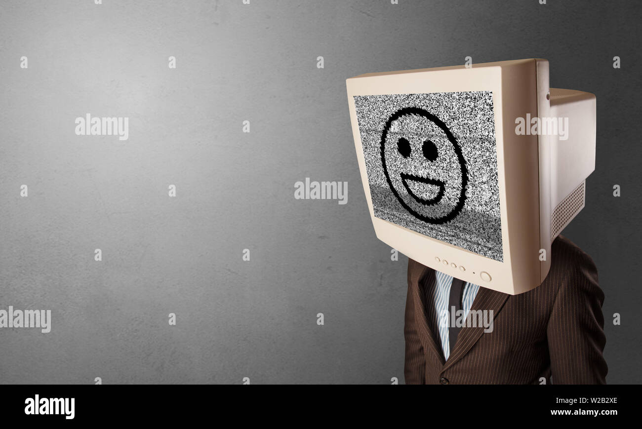 Young person with monitor head, old school smile concept Stock Photo ...
