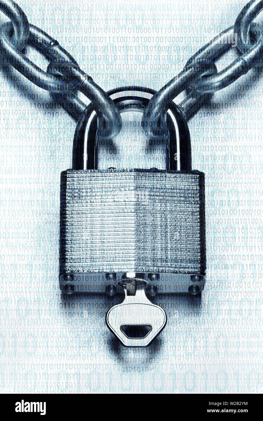 Security concept. Closeup image of chain and locked padlock with key on ...