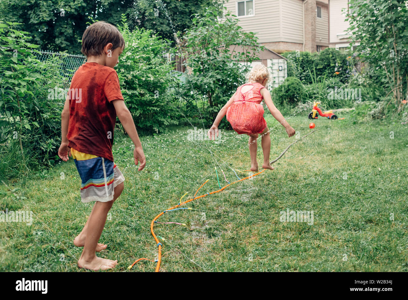 Kids friends splashing with gardening hose sprinkler on backyard on ...
