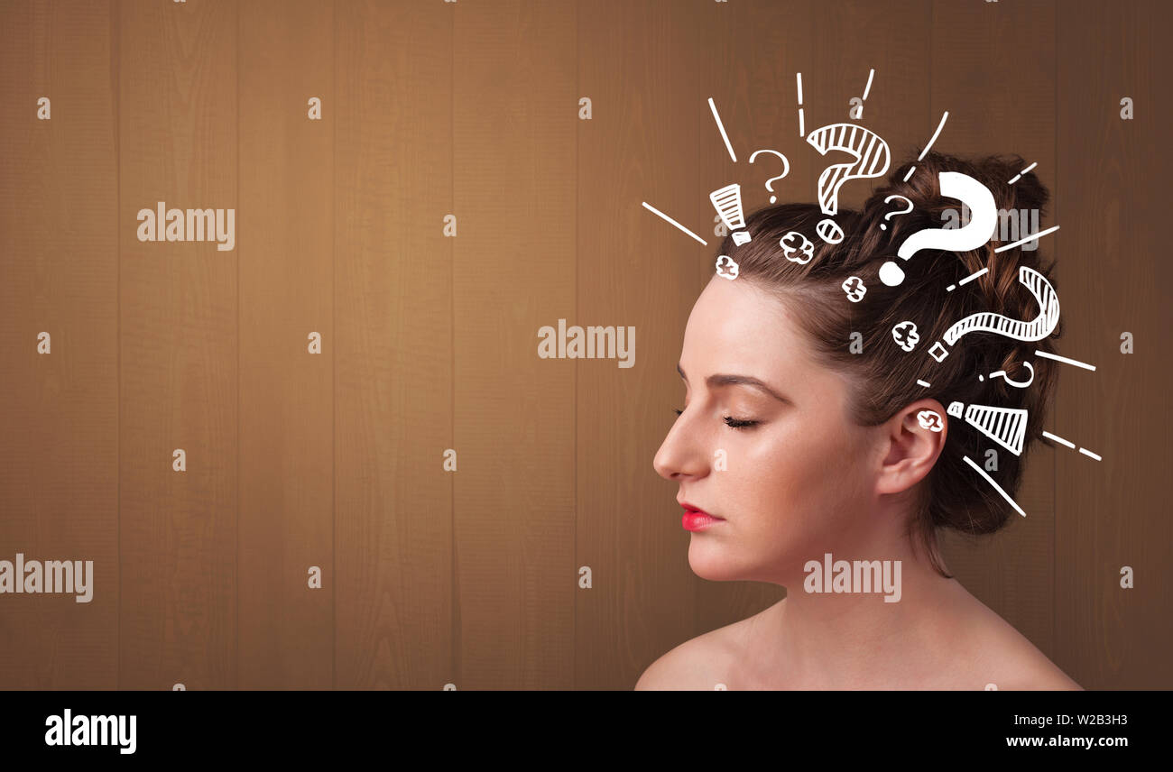 Head with white question marks, and copy space Stock Photo - Alamy