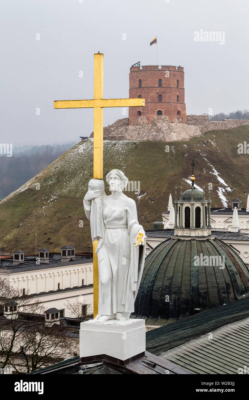 Sculpture of St. Helena with the cross on the cathedral. Vilnius ...