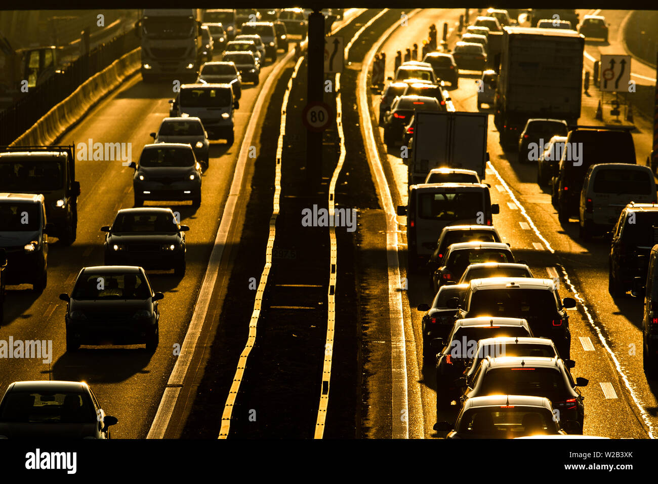 Heavy morning city traffic/congestion concept - cars going very slowly ...