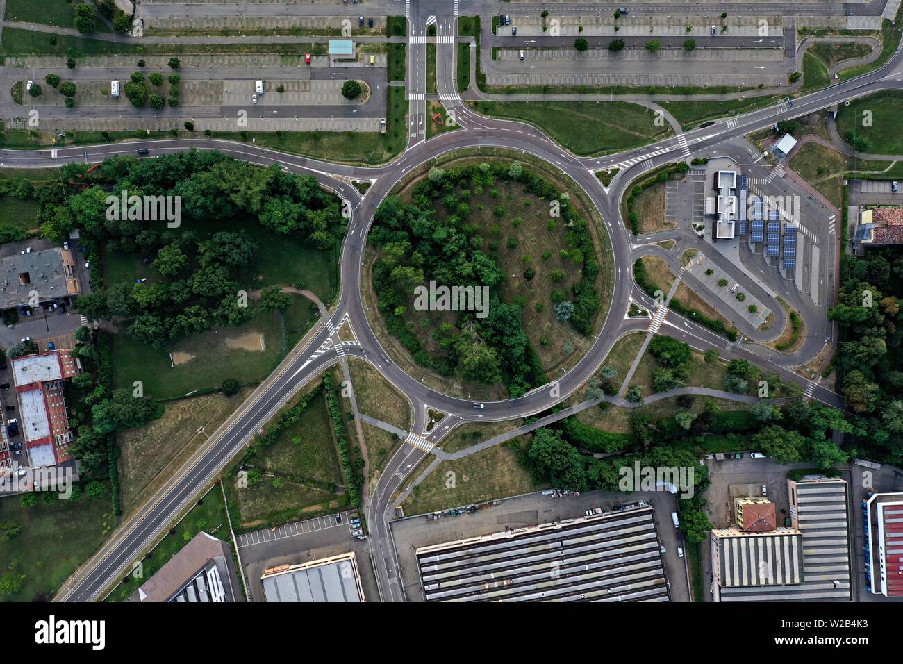 Maranello, Modena / Italy: Aerail view of a roundabout road with car ...
