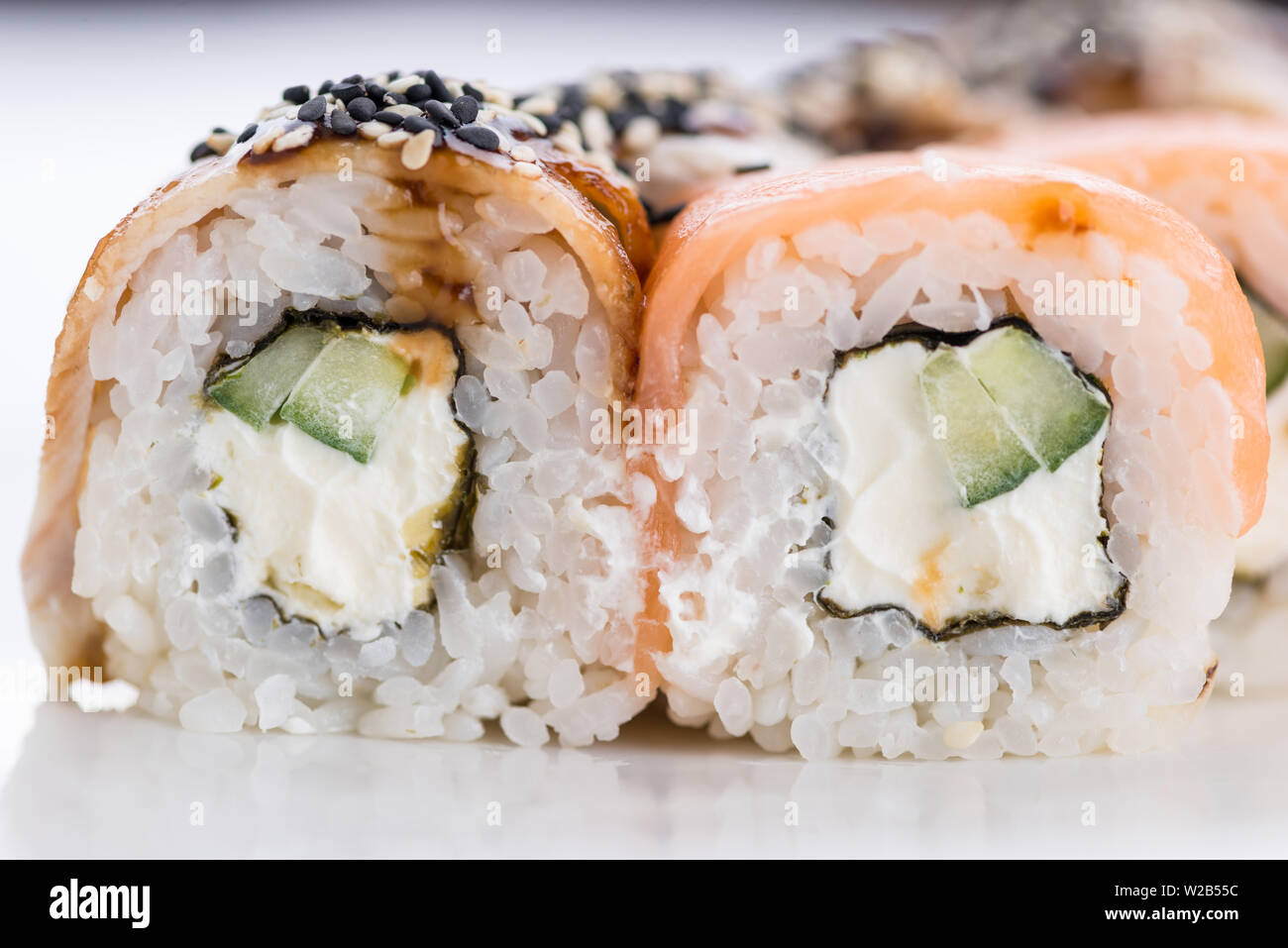 Japanese food restaurant, sushi maki gunkan roll plate or platter set. Sushi set and composition ...
