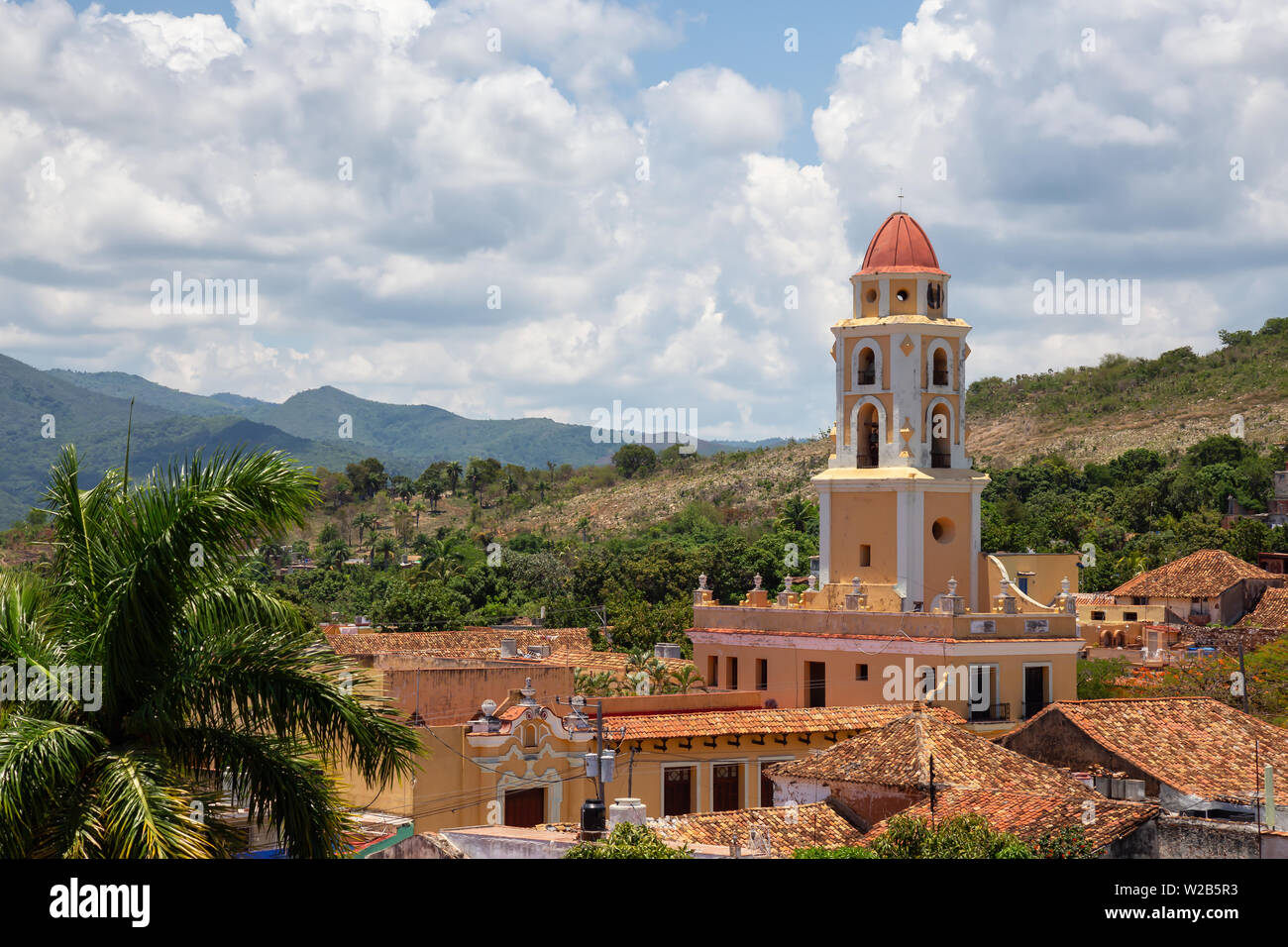 Aerial view of a small touristic Cuban Town during a sunny and cloudy ...
