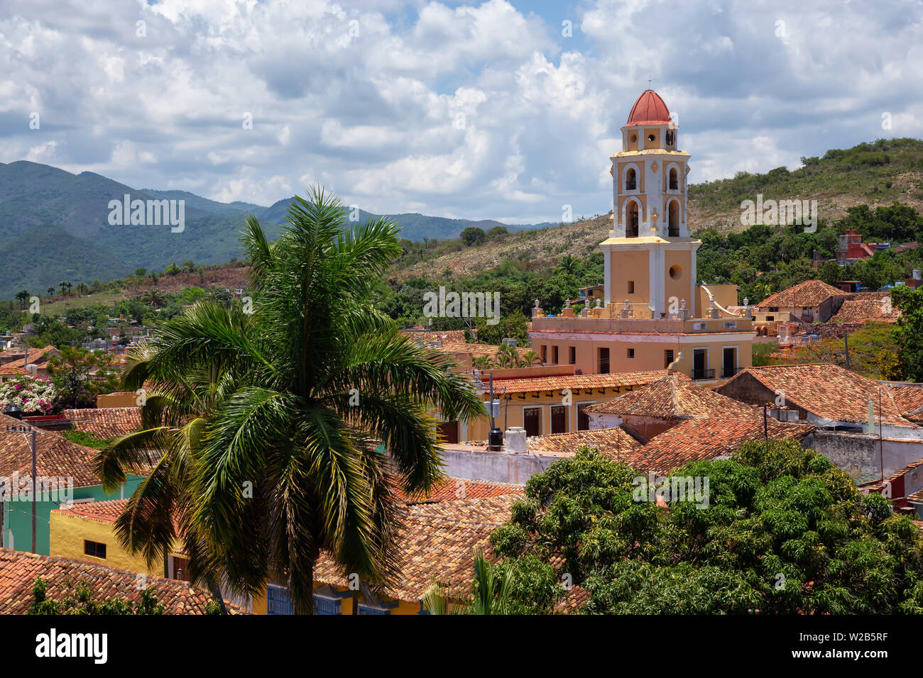 Aerial view of a small touristic Cuban Town during a sunny and cloudy ...