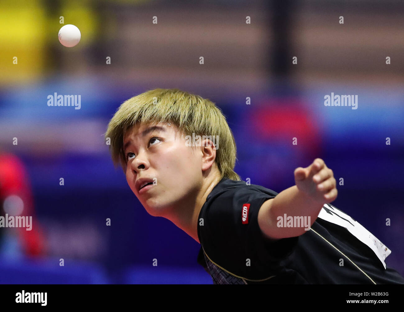 Naples, Italy. 7th July, 2019. Wang Yidi of China serves to Maetaki ...