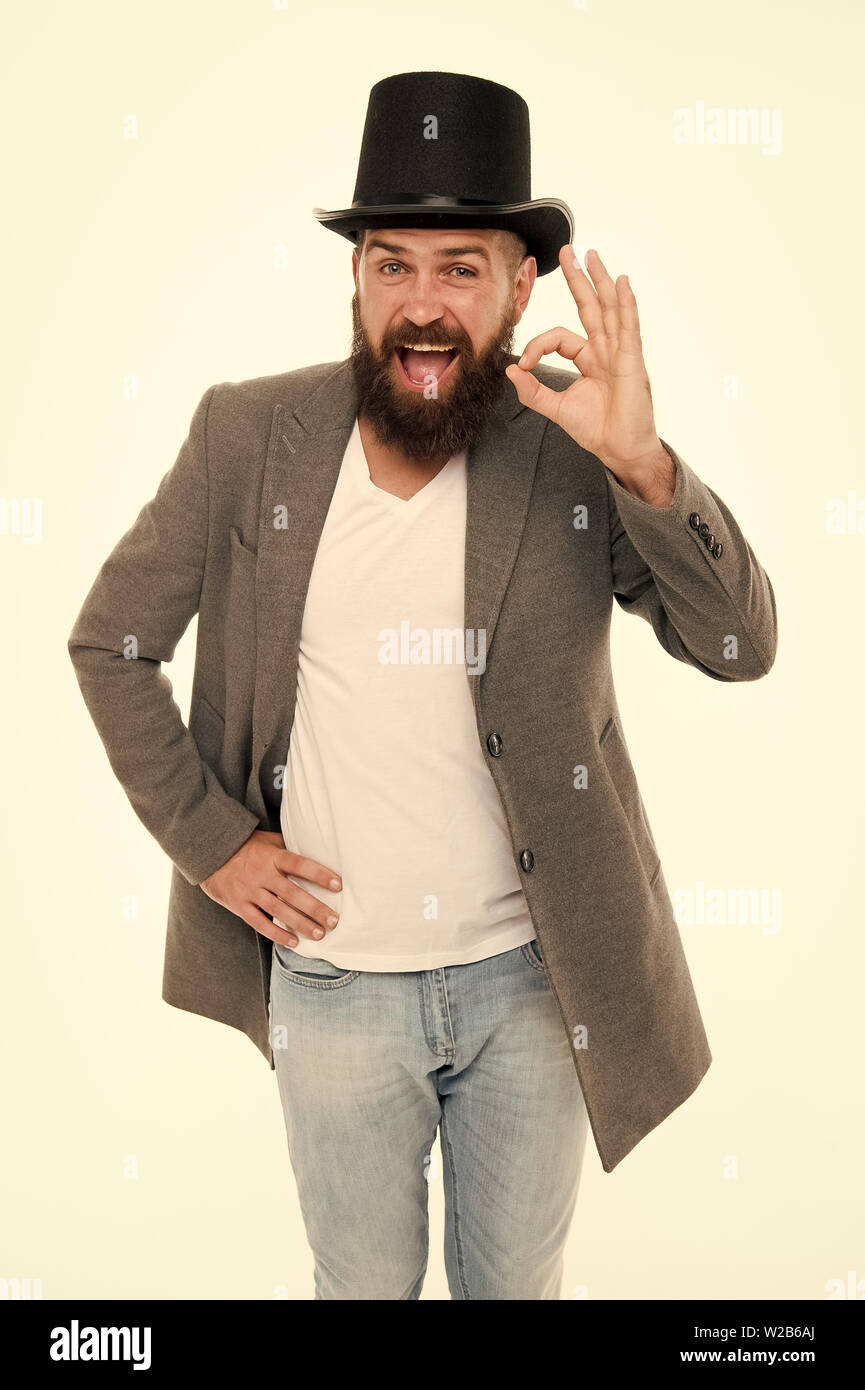 Magician circus worker. Man bearded guy cheerful face solve problem as ...