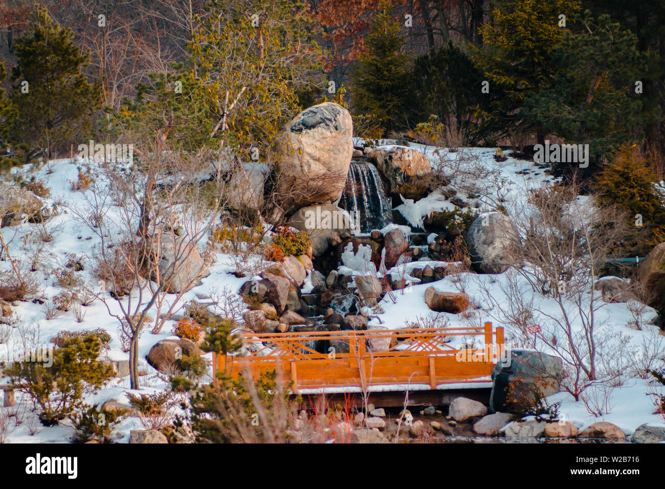 cold water falls in the japanese garden in Grand Rapids Michigan Stock ...