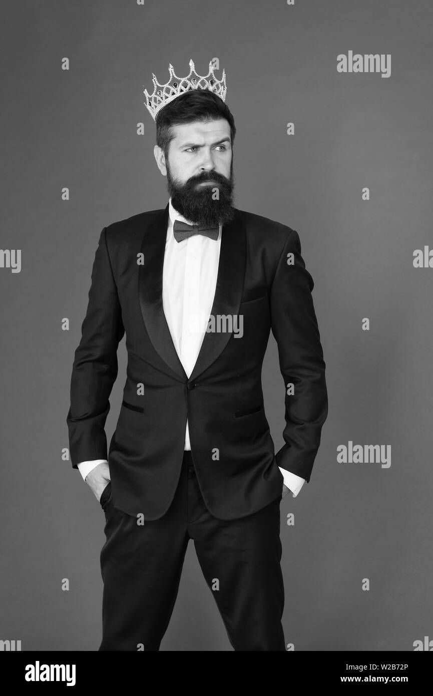 Narcissistic king. Man bearded guy in tuxedo golden crown symbol of ...