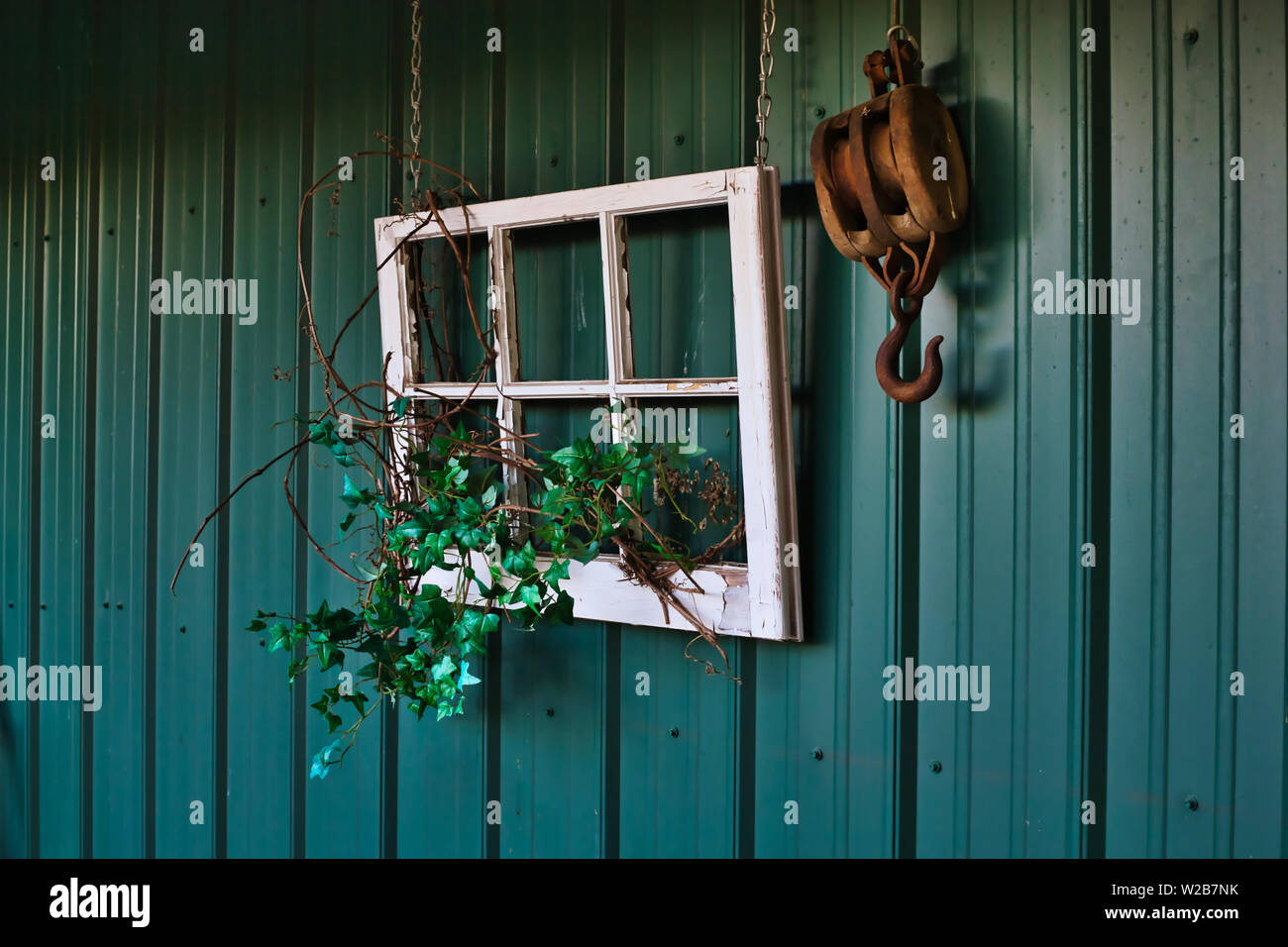 country style decoration outside poll barn at golden hour including ...