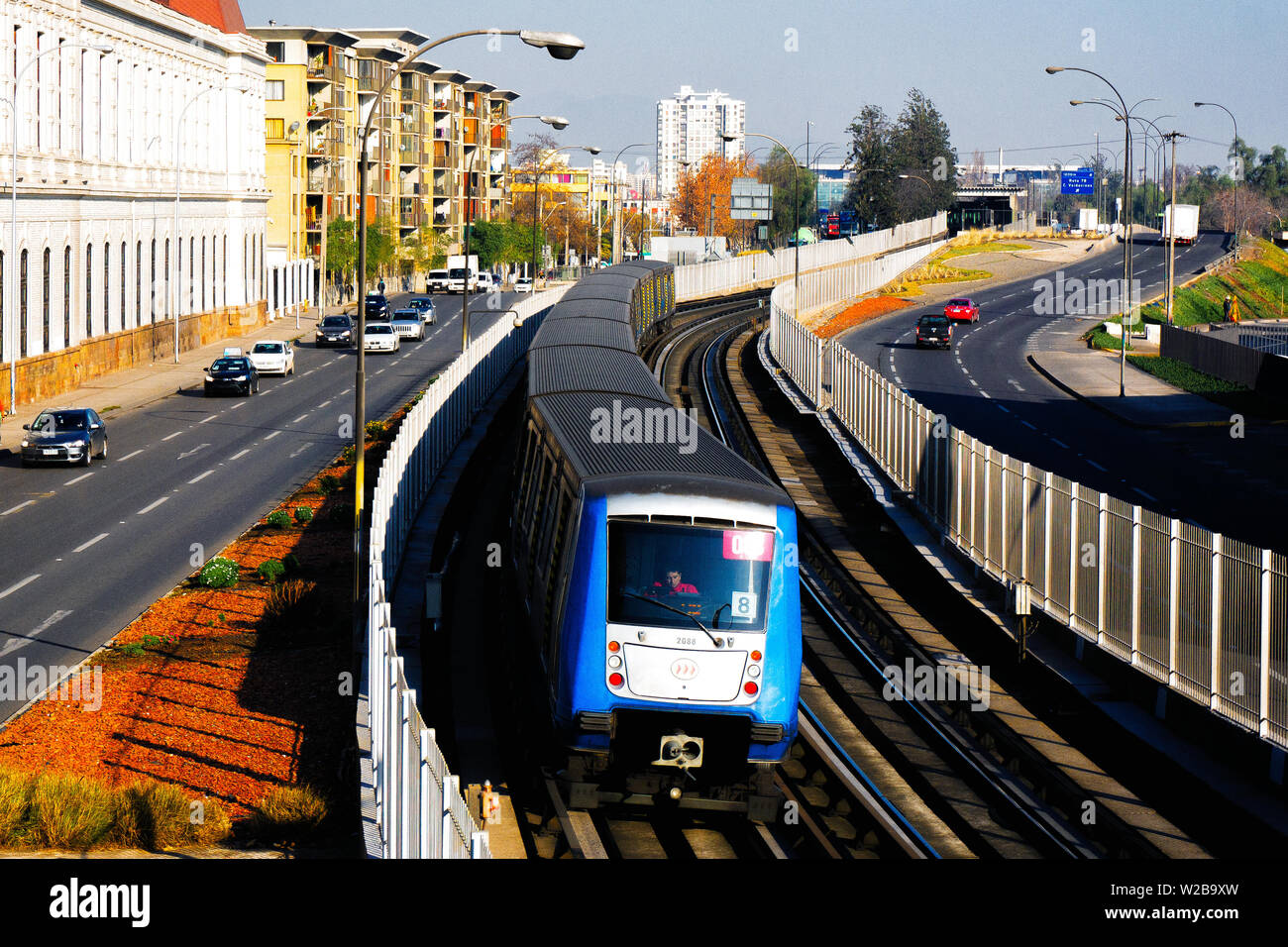 SANTIAGO, CHILE - JULY 2015: A Santiago Metro train between Parque O ...