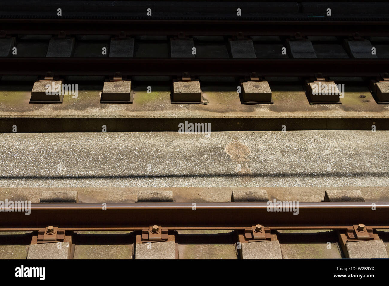 detail image of railway, train tracks on a concrete base. Kanagawa ...
